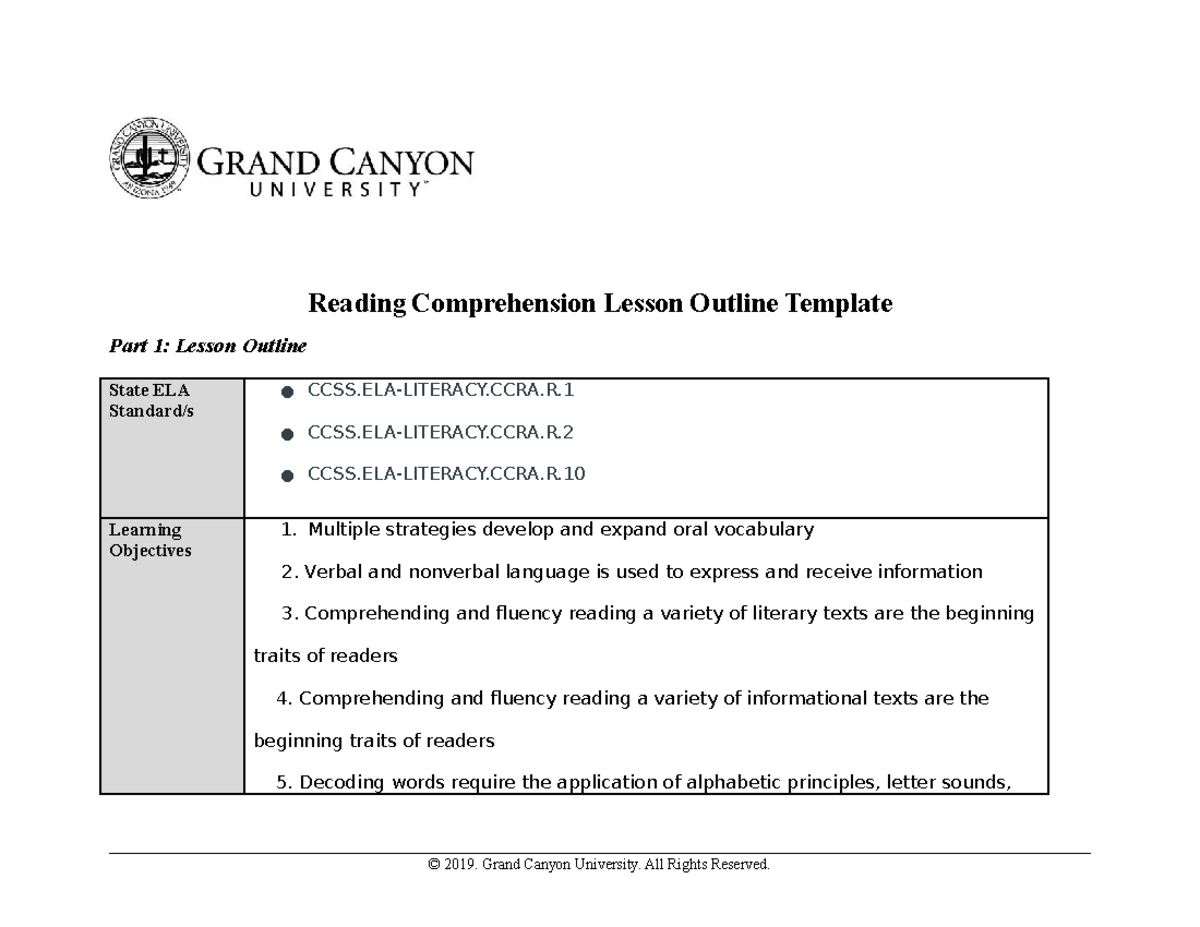 ELM-305-Reading Comprehension Lesson Outline - Reading Comprehension ...