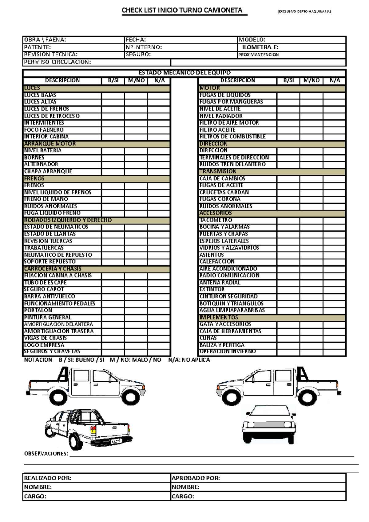 Check List Camioneta 4 x 4 - B/SI M/NO N/A B/SI M/NO N/A NOTACION B ...