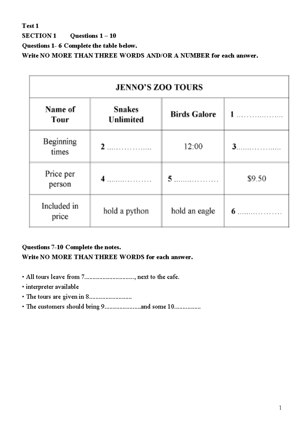 Practice Tests 6 - Test 1 SECTION 1 Questions 1 – 10 Questions 1- 6 ...
