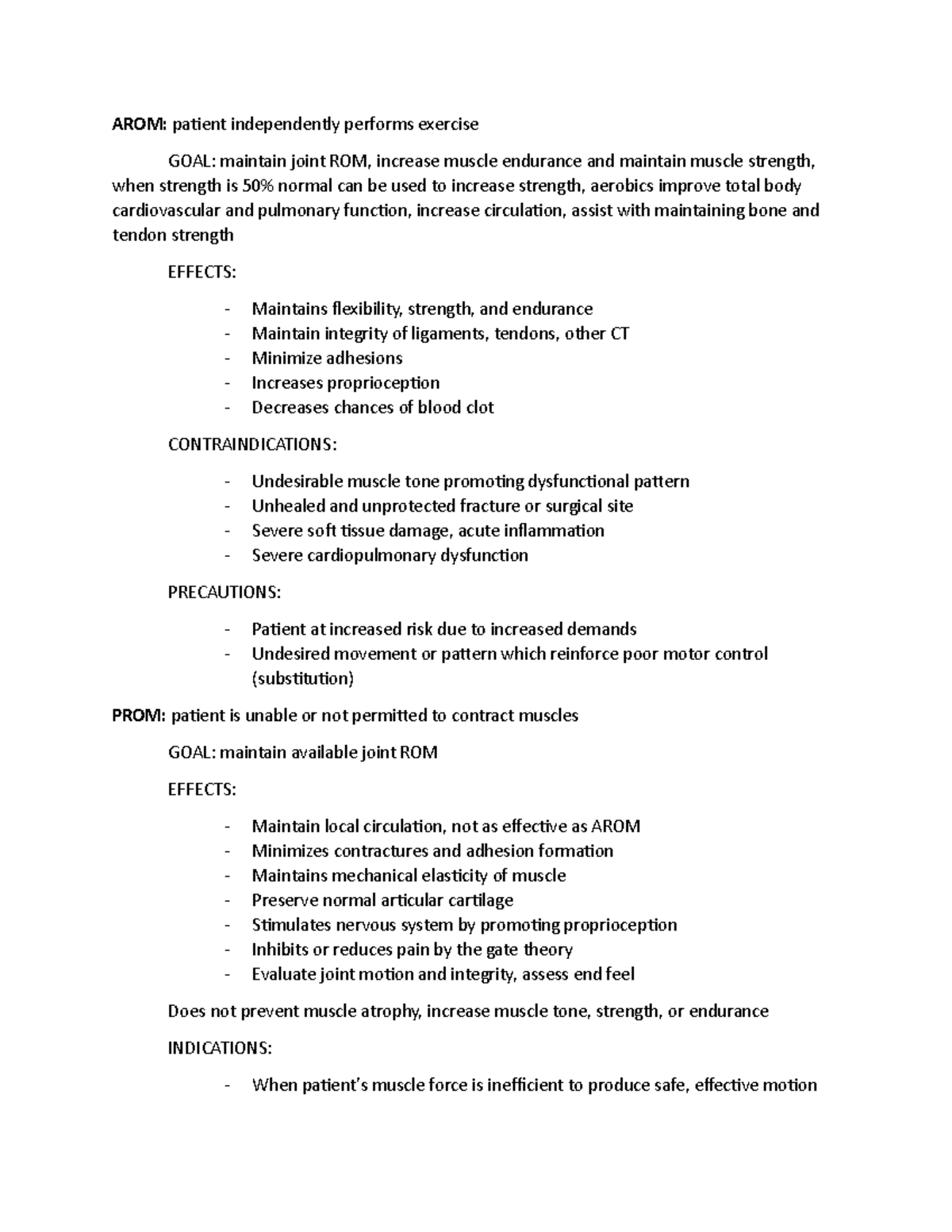 Basic Exercise Notes - AROM: pa琀椀ent independently performs exercise ...