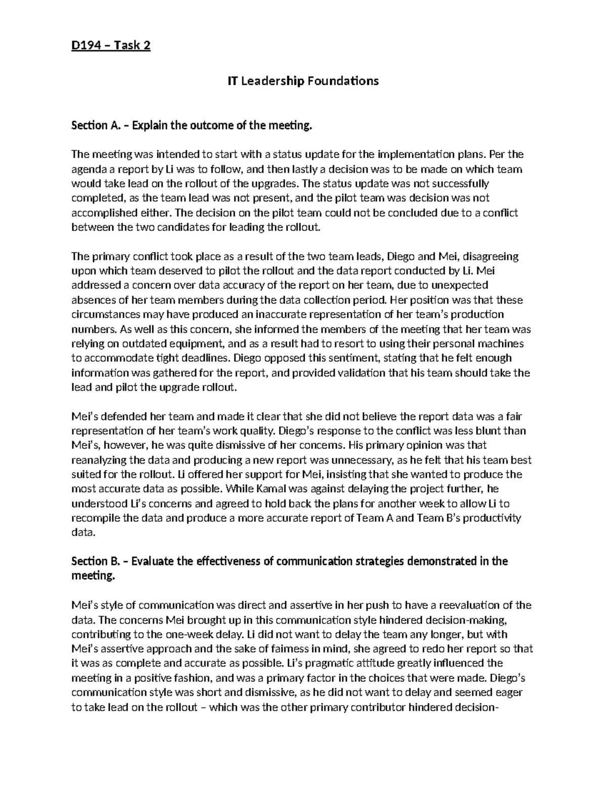 D194 - Task 2 - Task 2 - Practical assessment for IT Leadership ...