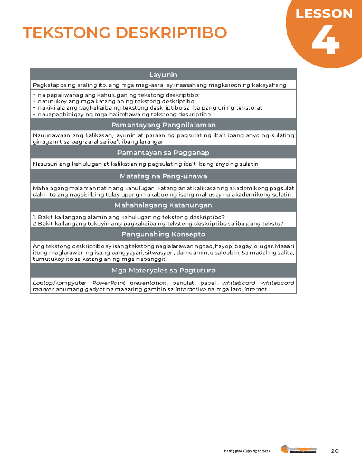 Lesson 04 - NONE - LESSON 4 TEKSTONG DESKRIPTIBO Layunin Pagkatapos ng araling ito, ang mga ...