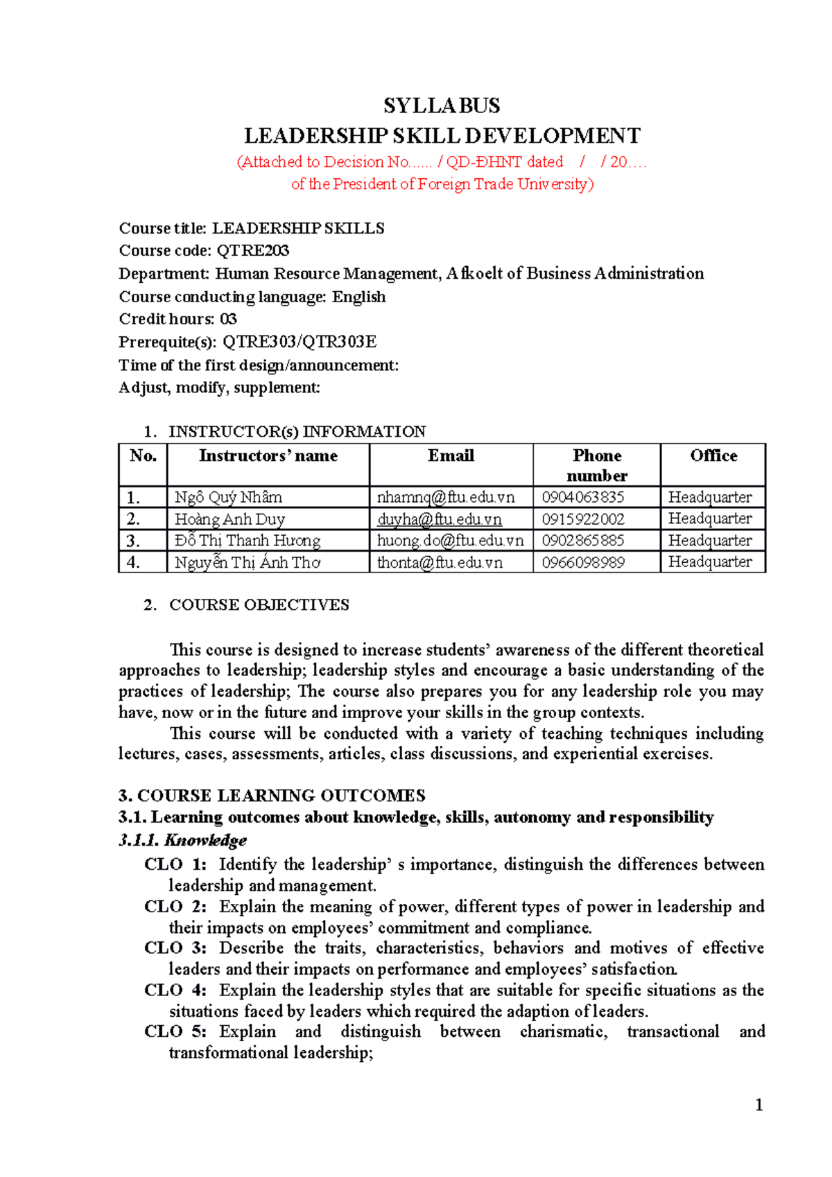 38. QTRE203 Leadership - SYLLABUS LEADERSHIP SKILL DEVELOPMENT ...