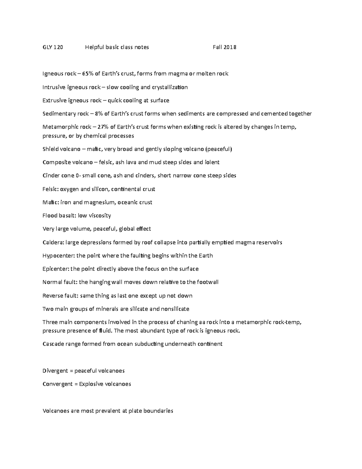 GLY 120 Helpful basic class notes Fall 2018 - GLY 120 Helpful basic ...