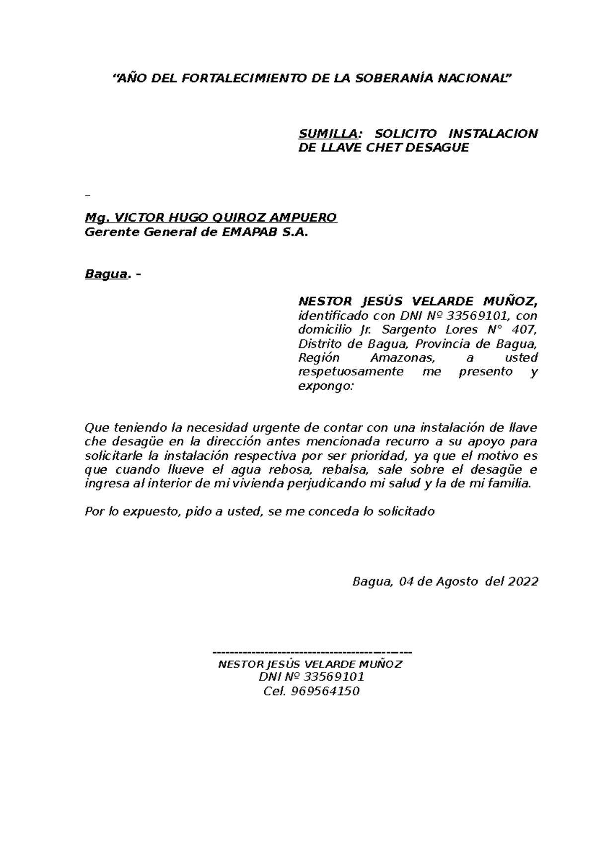 Solicitud emapa 1 - varios - “AÑO DEL FORTALECIMIENTO DE LA SOBERANÍA NACIONAL” SUMILLA ...