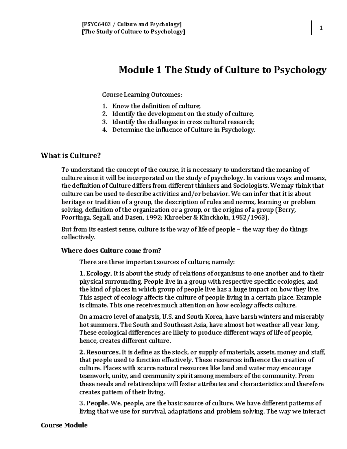 W1 The Study of Culture to Psychology - [PSYC6403 / Culture and ...