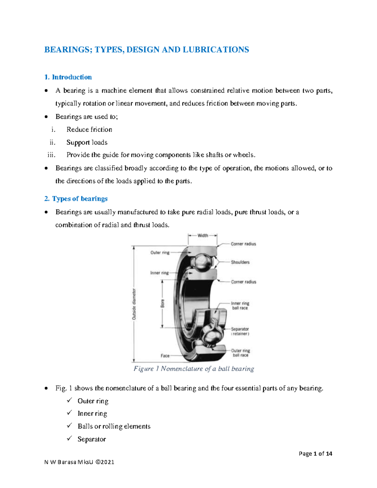 Bearings Notes - Mechanics of machine - Page 1 of 14 BEARINGS; TYPES ...