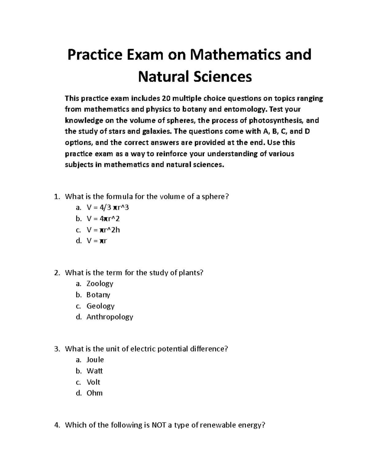 Practice Exam on Mathematics and Natural Sciences - Practice Exam on ...