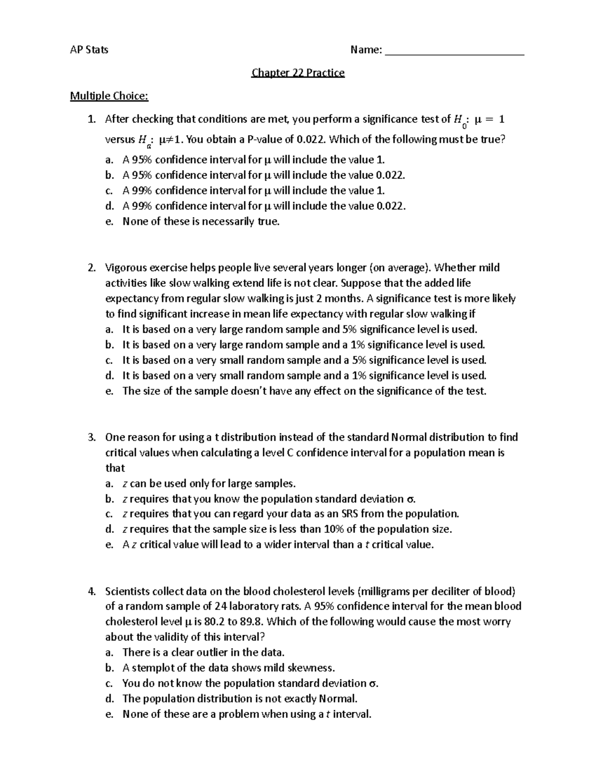 AP Stats Ch 22 Review - Math - AP Stats Name ...