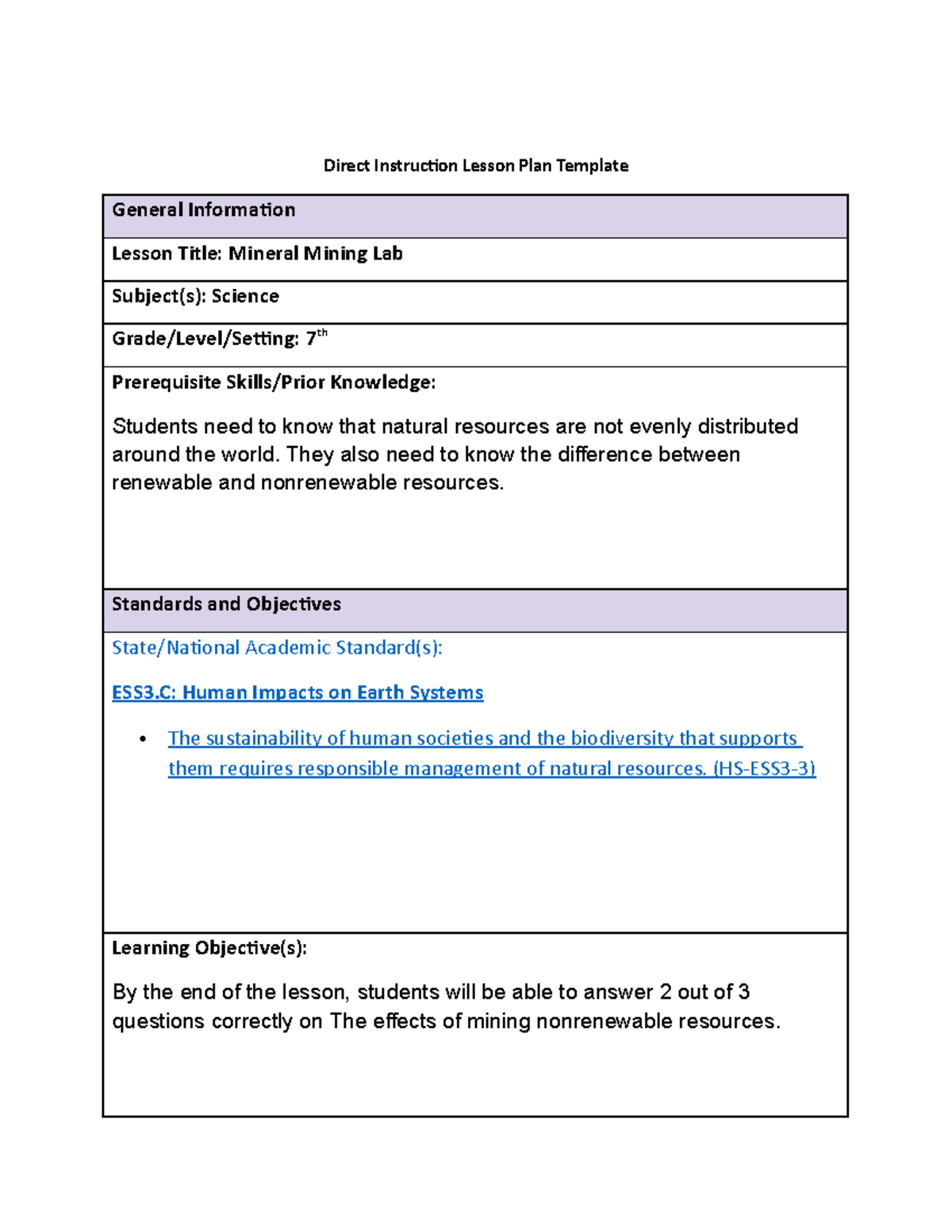 Mineral mining lesson plan - Direct Instruction Lesson Plan Template ...