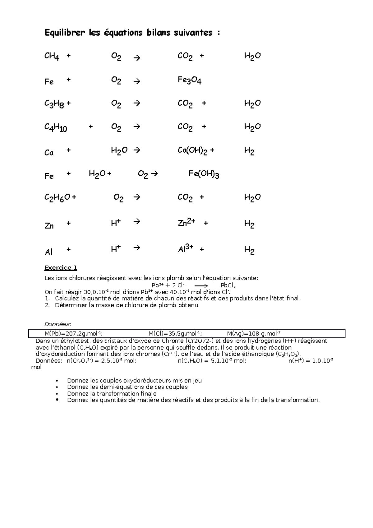 Equilibrer les équations bilans suivantes - Physique-chimie - Studocu
