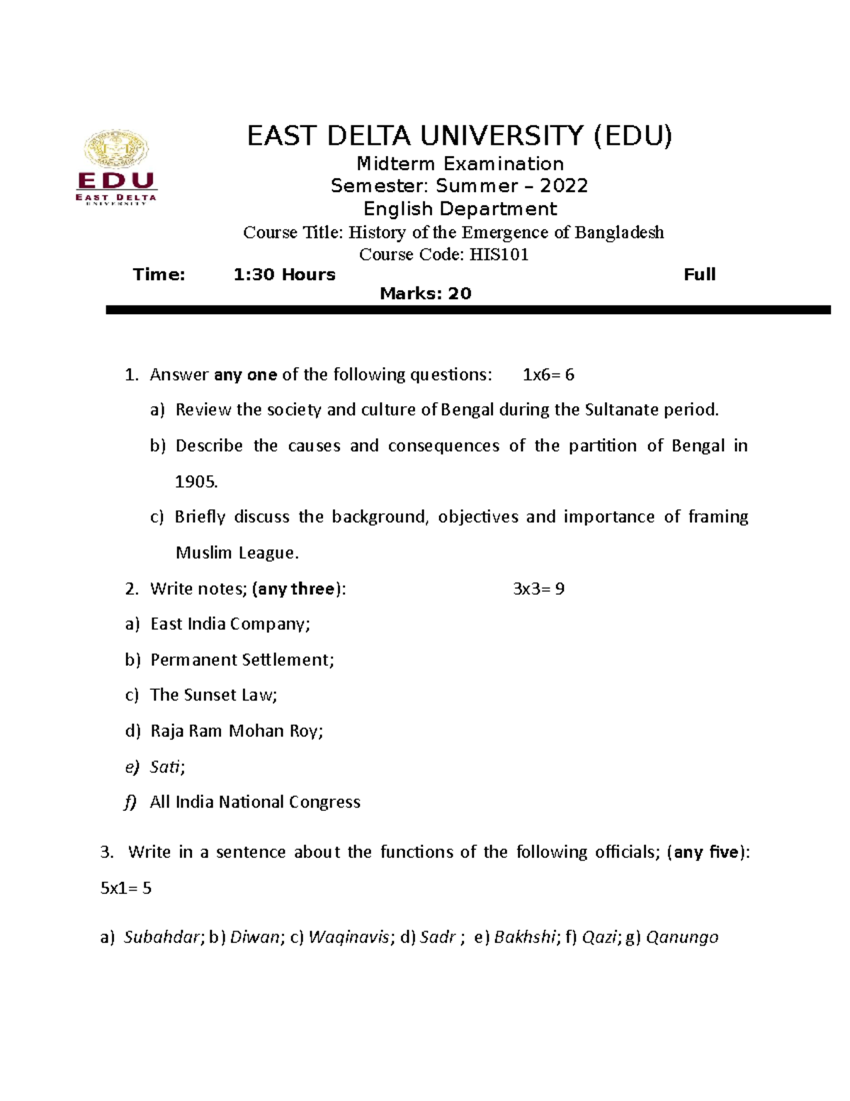 EDU English mid Summer 22 - EAST DELTA UNIVERSITY (EDU) Midterm ...