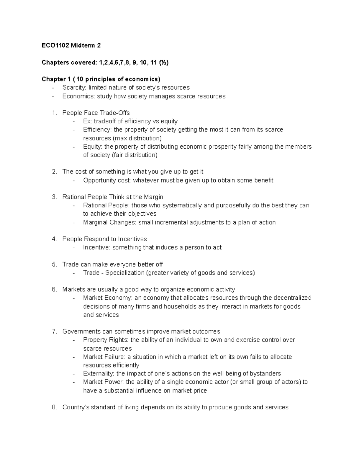 Midterm 2 Review Sheet - ECO1102 Midterm 2 Chapters covered: 1,2,4,6,7,8, 9, 10, 11 (½) Chapter ...
