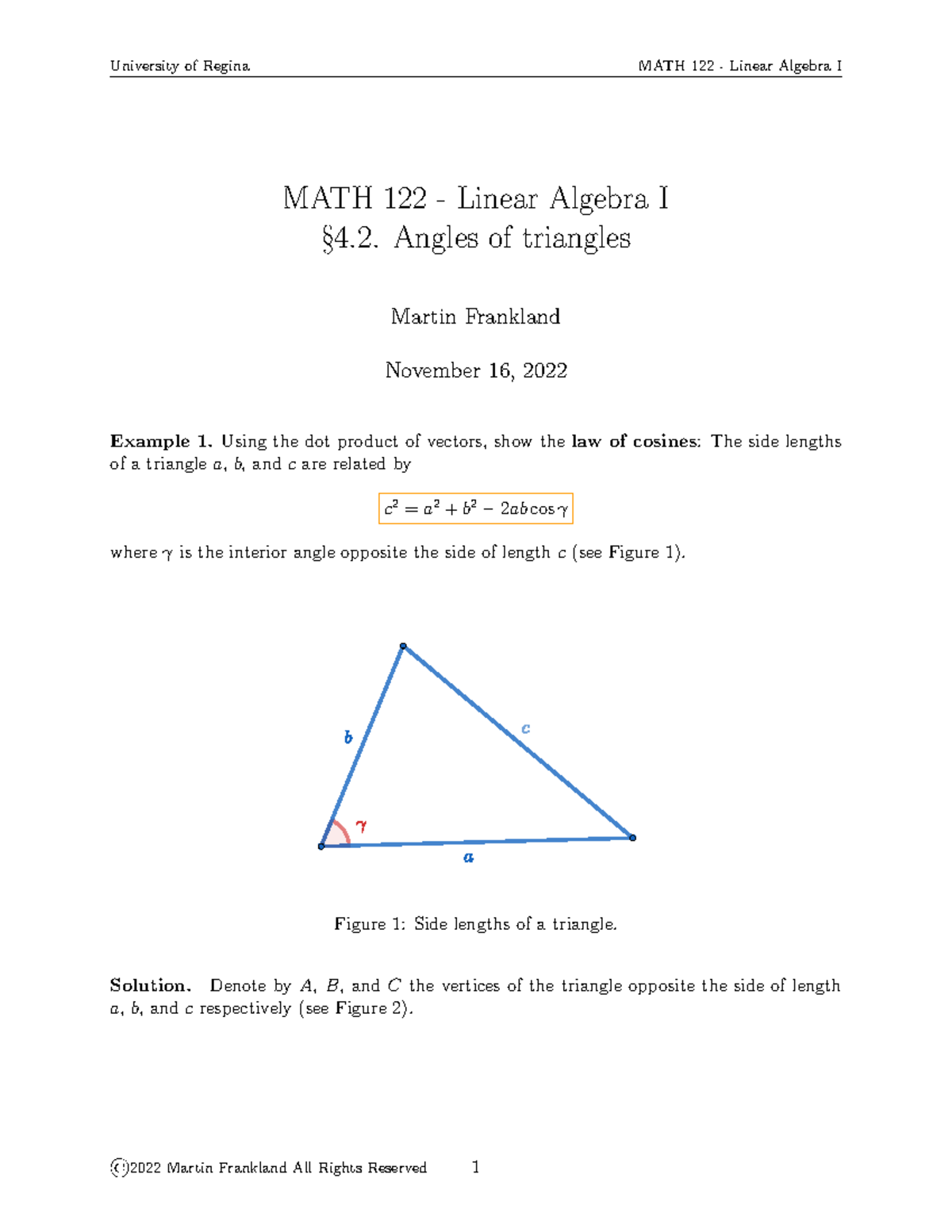 Math122 4-2 Triangles - MATH 122 - Linear Algebra I 4. Angles of ...