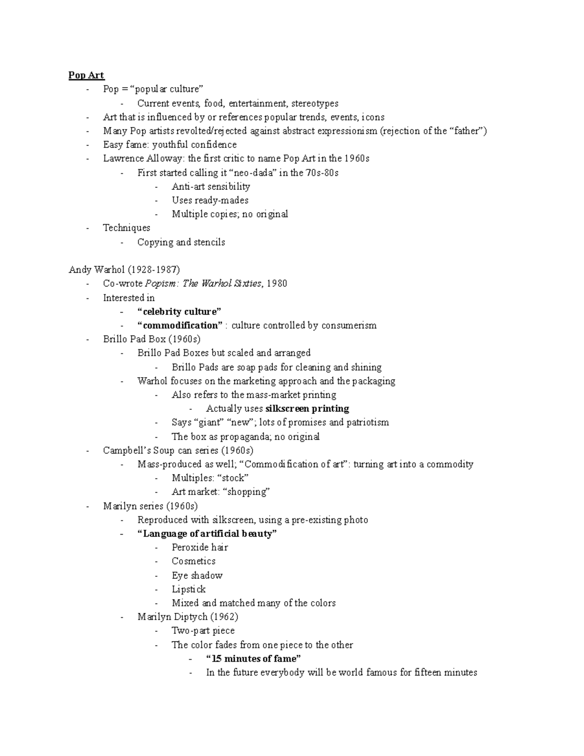 Pop Art - Lecture notes for test 5 - Pop Art - Pop = “popular culture ...