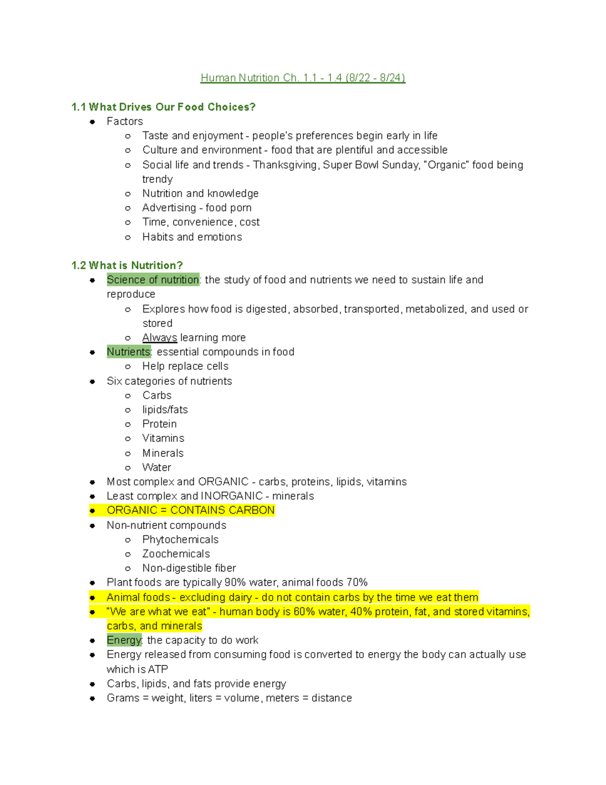 Human Nutrition Ch. 1 (8/22 - 8/29) - Human Nutrition Ch. 1 - 1 (8/22 ...
