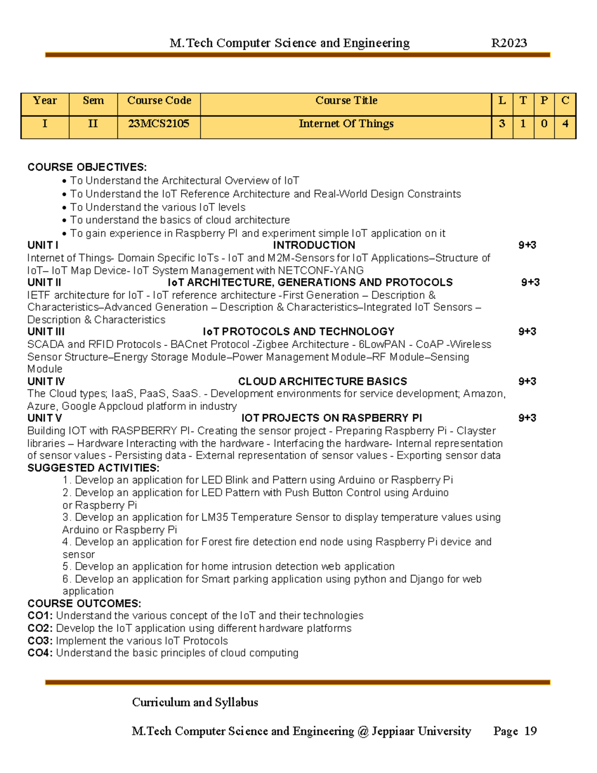 23MCS2105 Internet of Things - M Computer Science and Engineering R ...