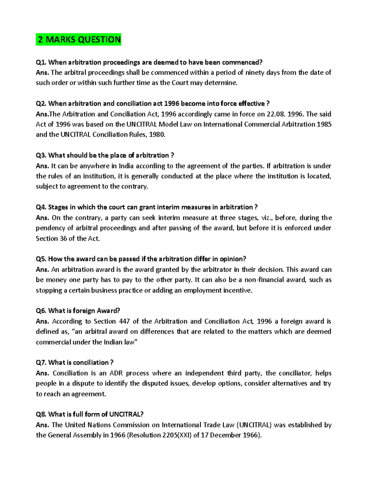 ADR Question AND Answer FOR EXAM - 2 MARKS QUESTION Q1. When ...