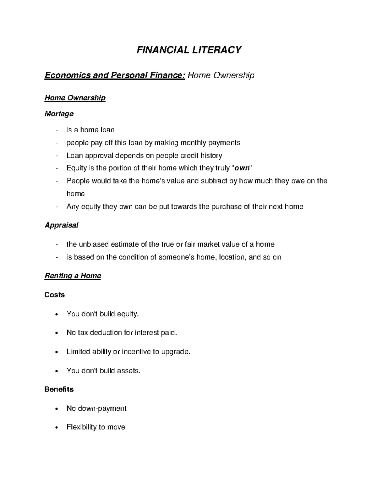 Economics and Personal Finance Home Ownership - FINANCIAL LITERACY ...