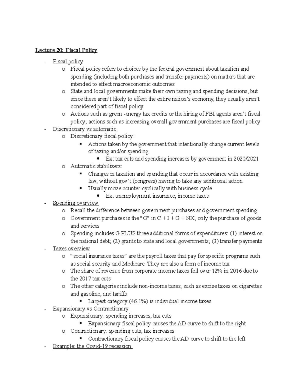 Lecture 20 fiscal policy - Lecture 20: Fiscal Policy Fiscal policy o ...