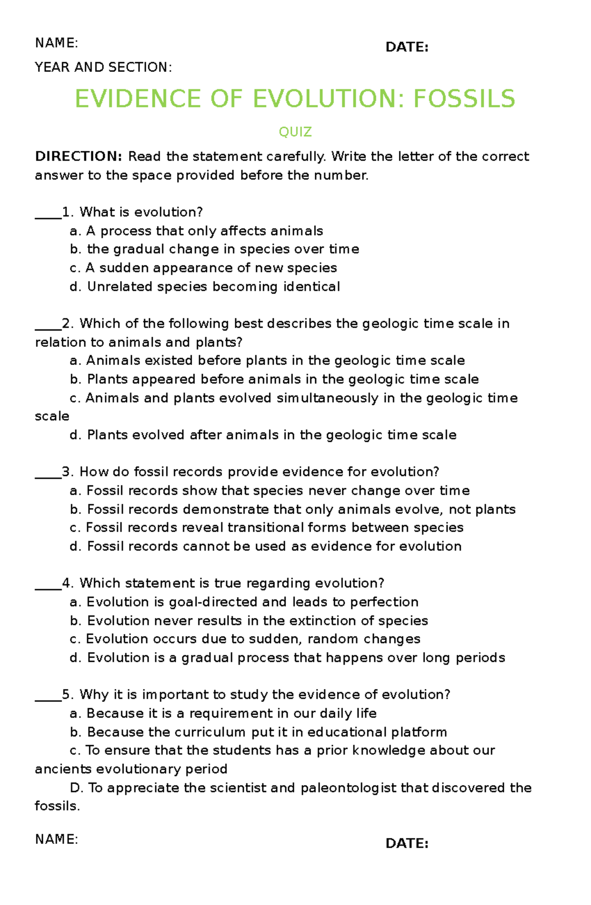 DAY 1 - QUIZ - NAME: YEAR AND SECTION: EVIDENCE OF EVOLUTION: FOSSILS ...