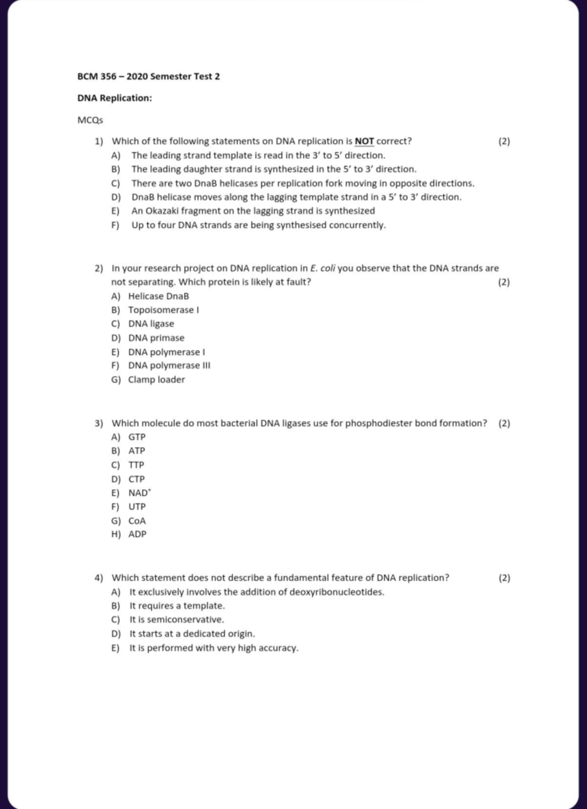 BCM356 ST2 2020 - sem test 2 - BCM 356 2020 Semester Test 2 DNA ...