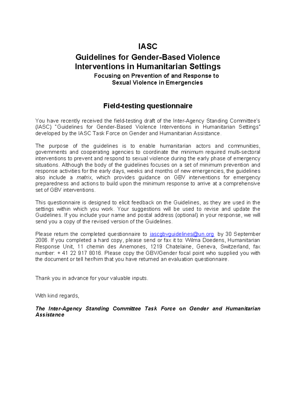 Final English GBV Questionnaire - IASC Guidelines for Gender-Based ...