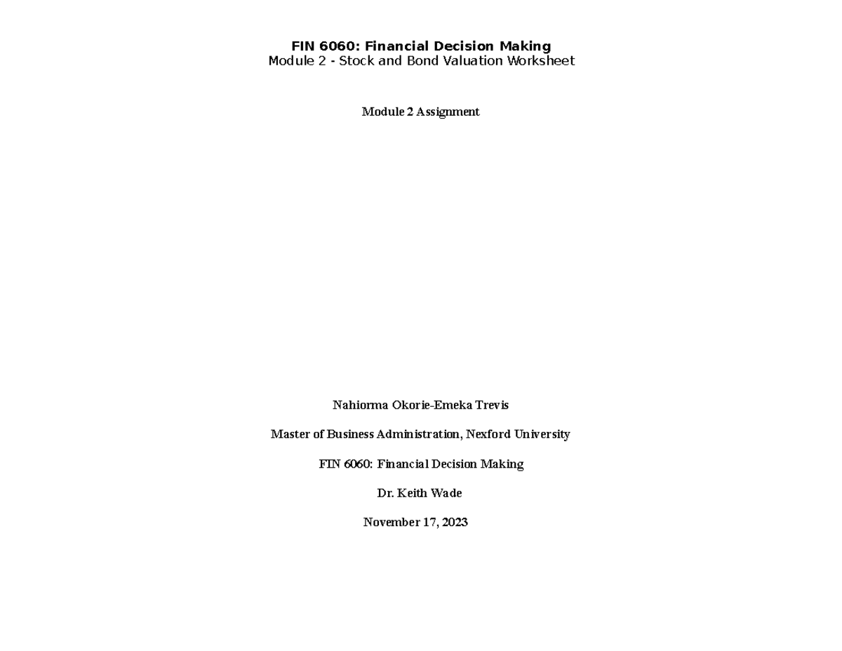 FIN 6060 Module 2 Worksheet - Module 2 - Stock and Bond Valuation ...