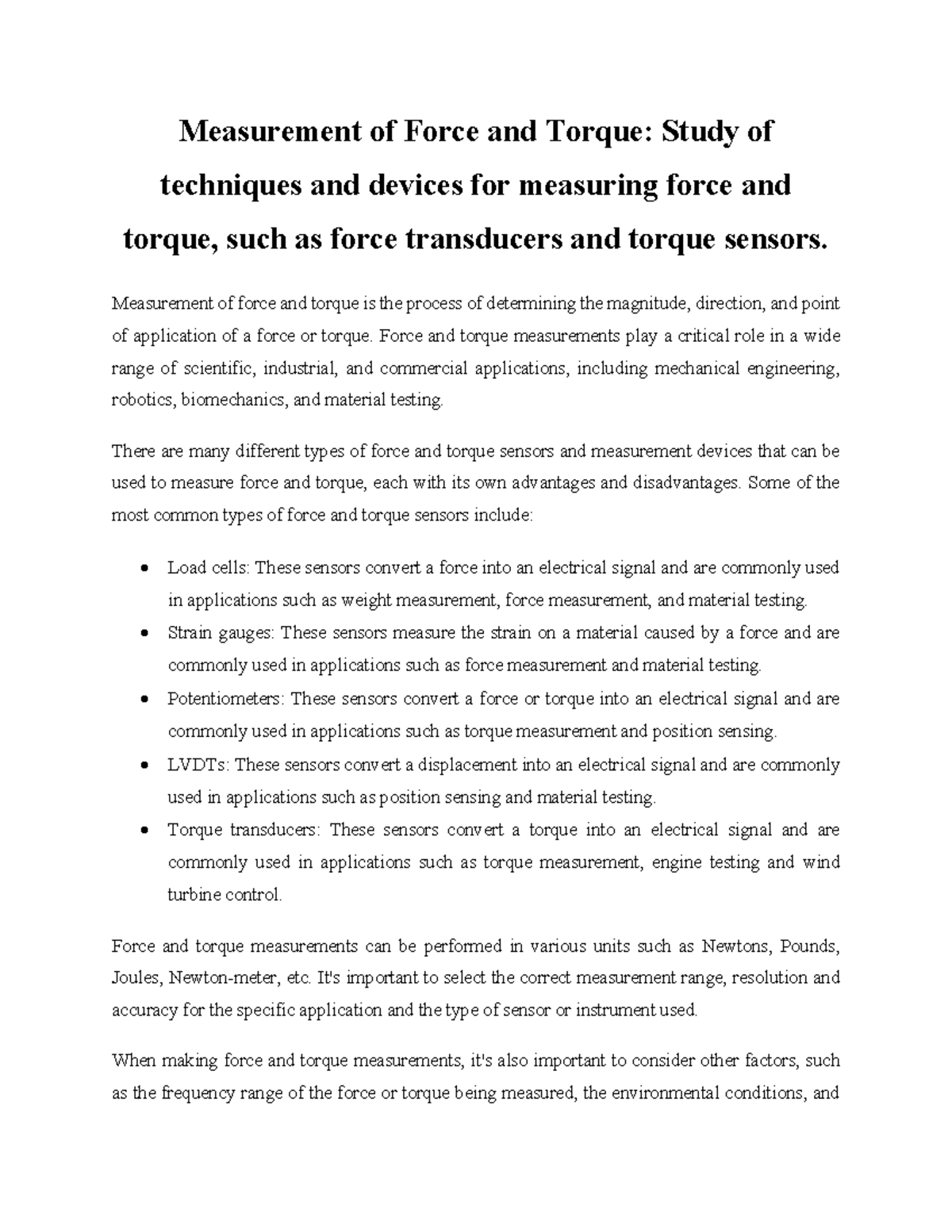 Measurement of Force and Torque - Measurement of force and torque is the process of determining ...