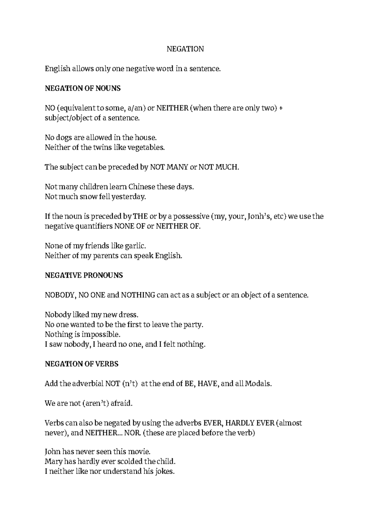 Negation - Grammar - NEGATION English allows only one negative word in ...