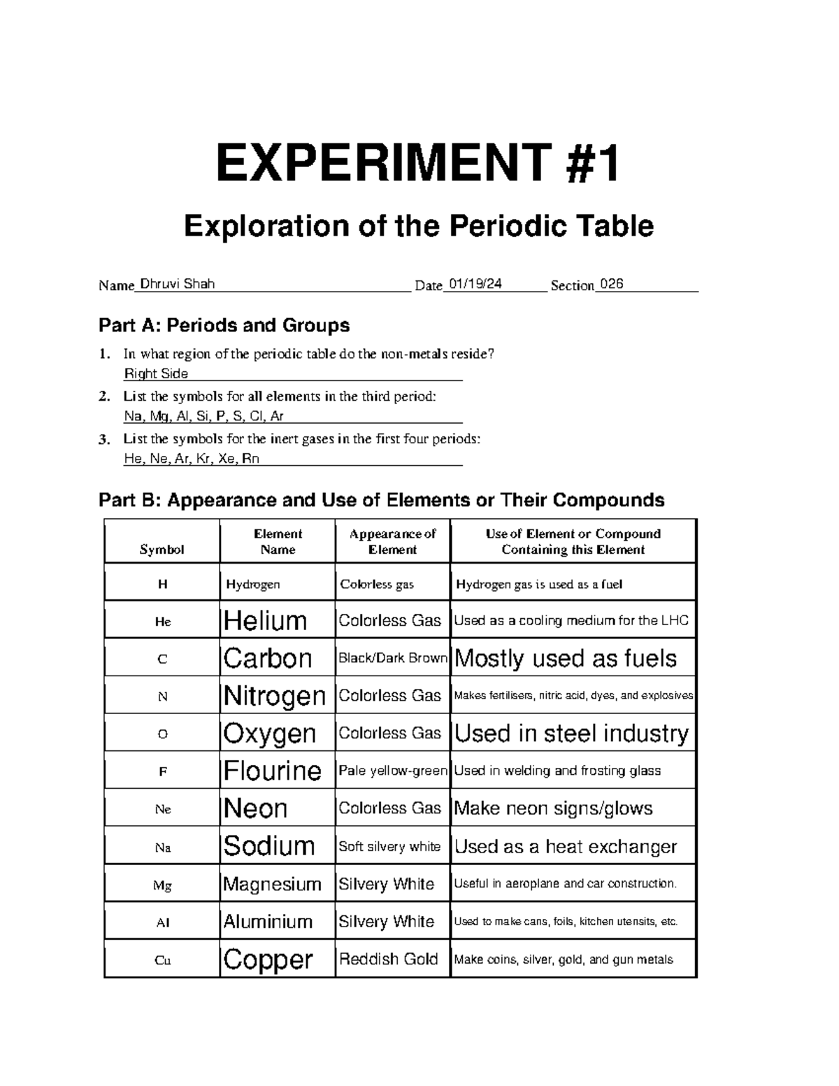 Lab 1 - Lab 1 - EXPERIMENT Exploration of the Periodic Table - Studocu