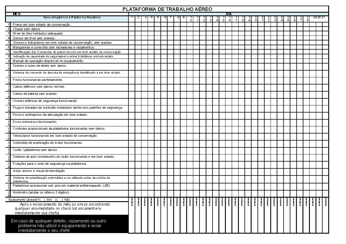 Chek list PTA - CHECKLIST PTA - PLATAFORMA DE TRABALHO AÉREO MÊS: DIA ...