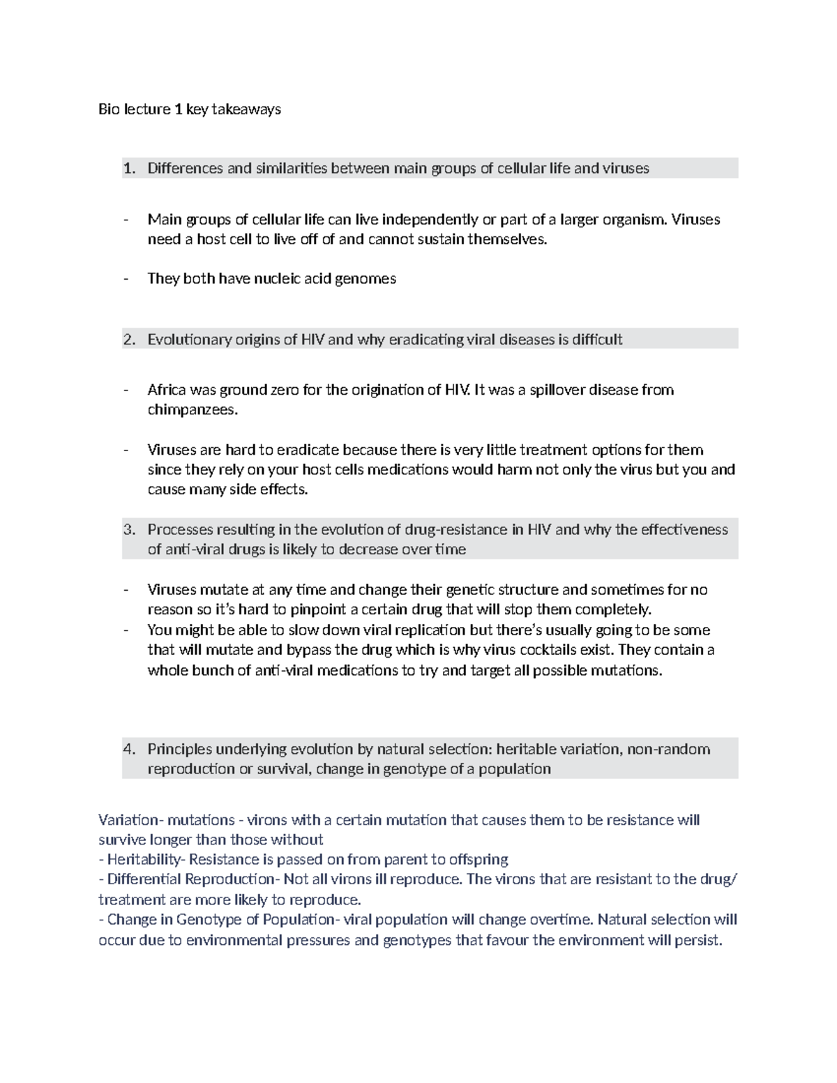 Lecture 2 key takeaways - Bio lecture 1 key takeaways 1. Differences ...