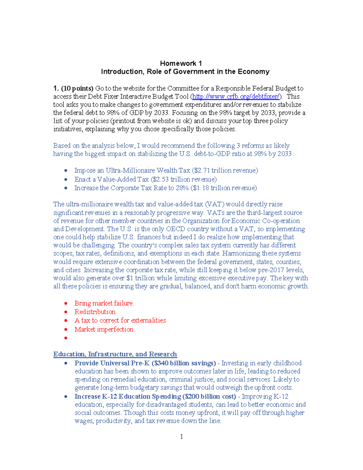 Homework 1 - Howework - Homework 1 Introduction, Role of Government in ...