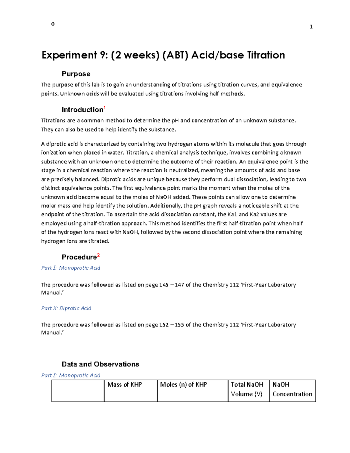 Acid Base Titration - Experiment 9: (2 weeks) (ABT) Acid/base Titration ...