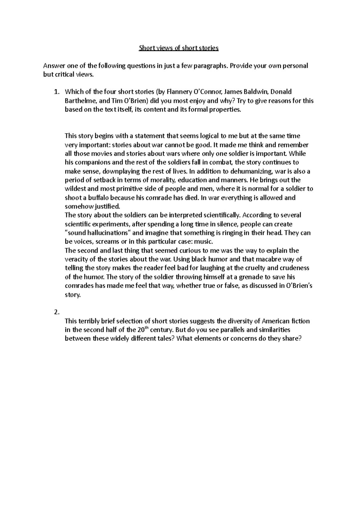 Short views of short stories - Short views of short stories Answer one ...