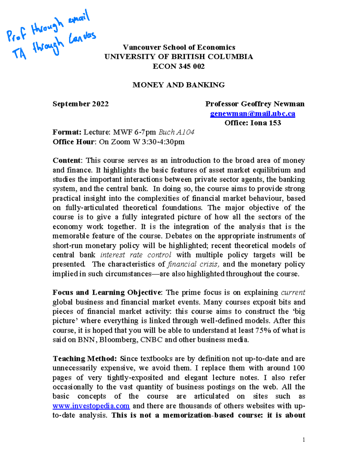 Course Outline. - Vancouver School of Economics UNIVERSITY OF BRITISH ...