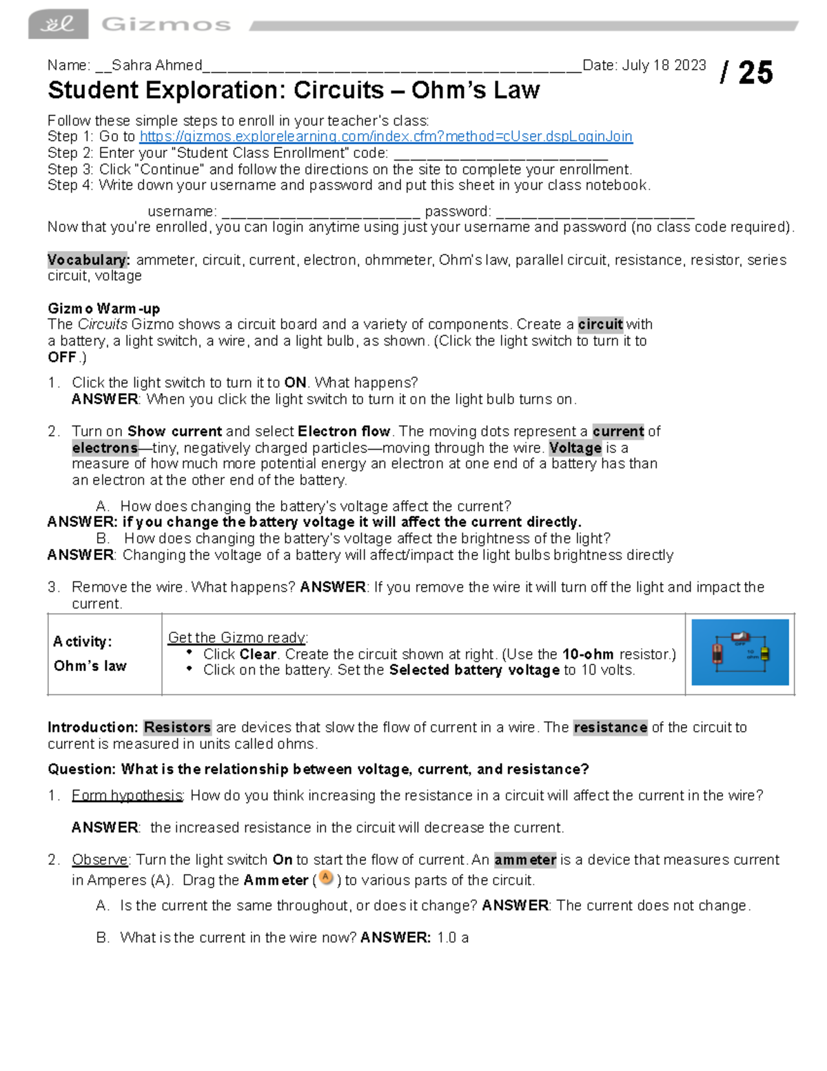 Ohm's Law - Circuits Gizmo WKS 2 copy - Name: __Sahra - Studocu