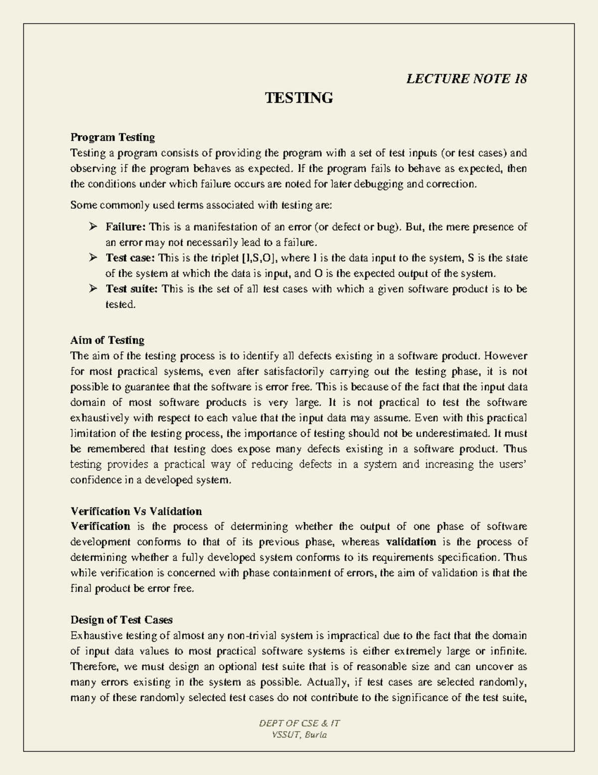 TESTING TECHNIQUES AND DEBBUNING - DEPT OF CSE & IT LECTURE NOTE 18 ...