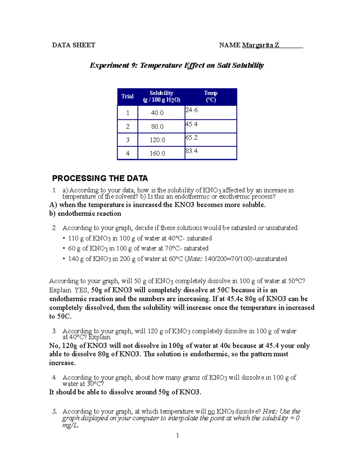 Data sheet Exp 9 - Solubility - DATA SHEET NAME Margarita Z Experiment ...