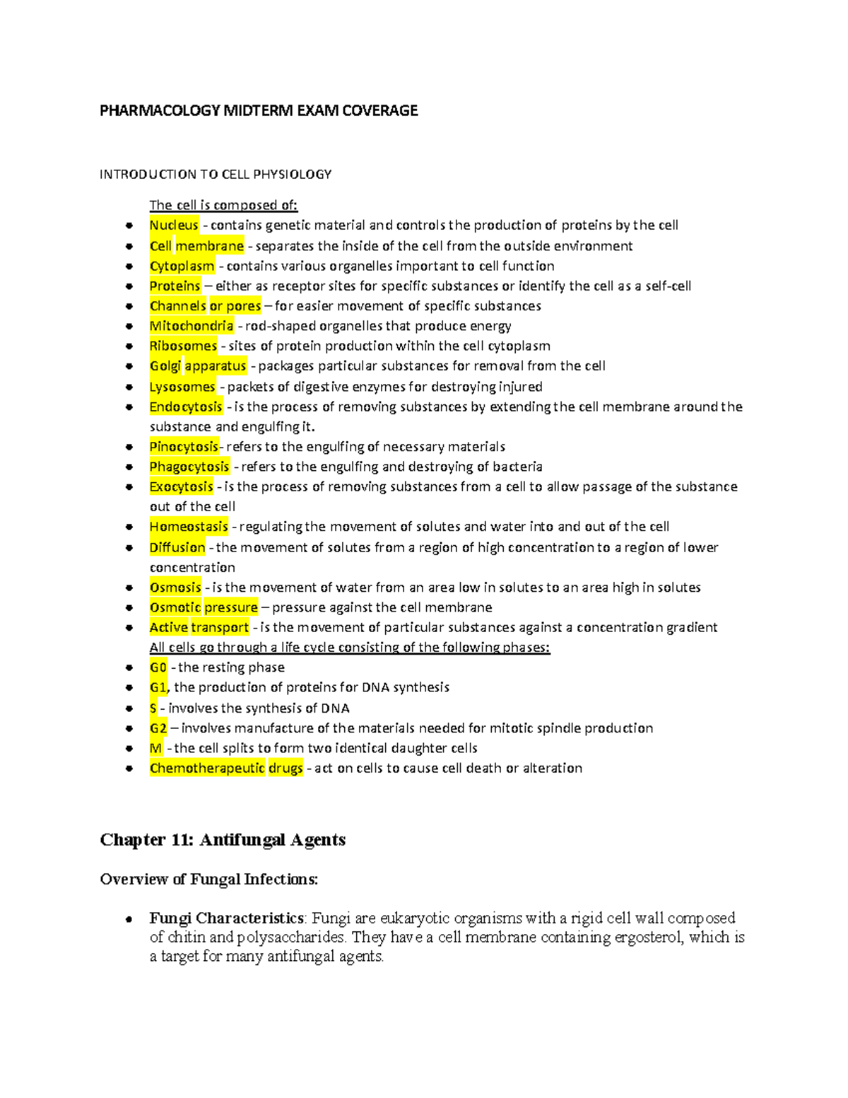 Pharmacology Midterm EXAM Coverage - PHARMACOLOGY MIDTERM EXAM COVERAGE INTRODUCTION TO CELL ...