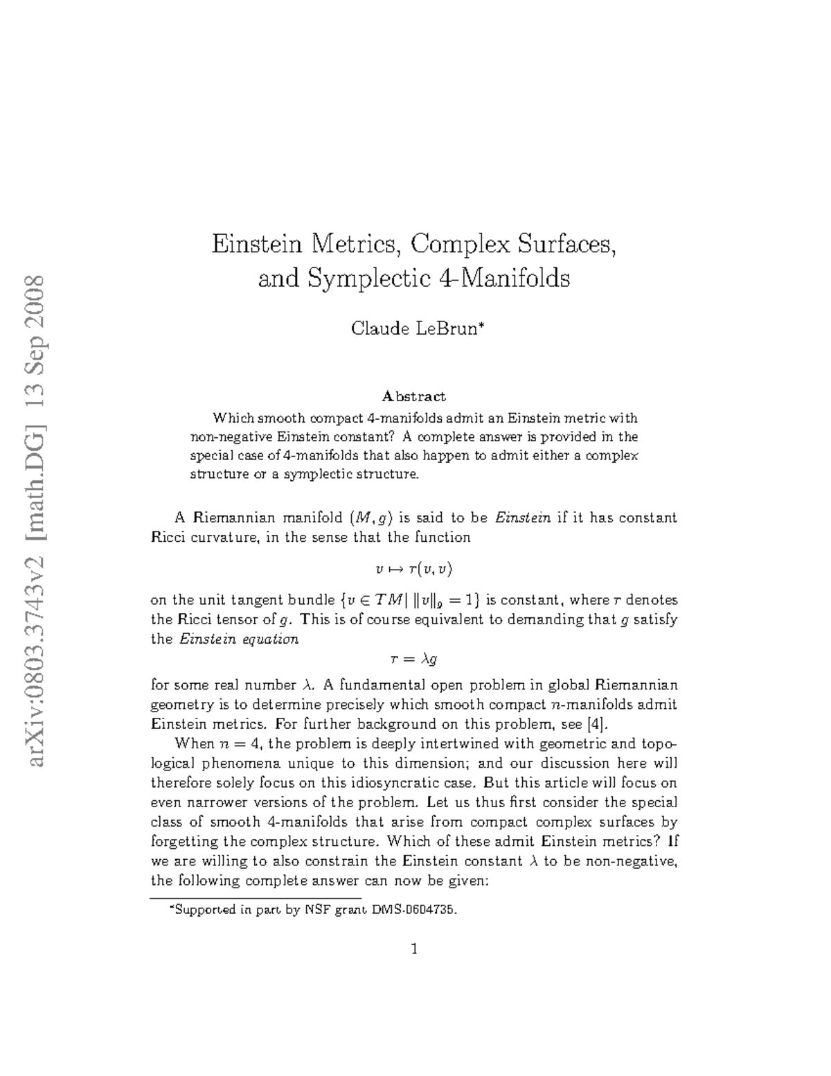 0803 - Cours - Einstein Metrics, Complex Surfaces, and Symplectic 4 ...