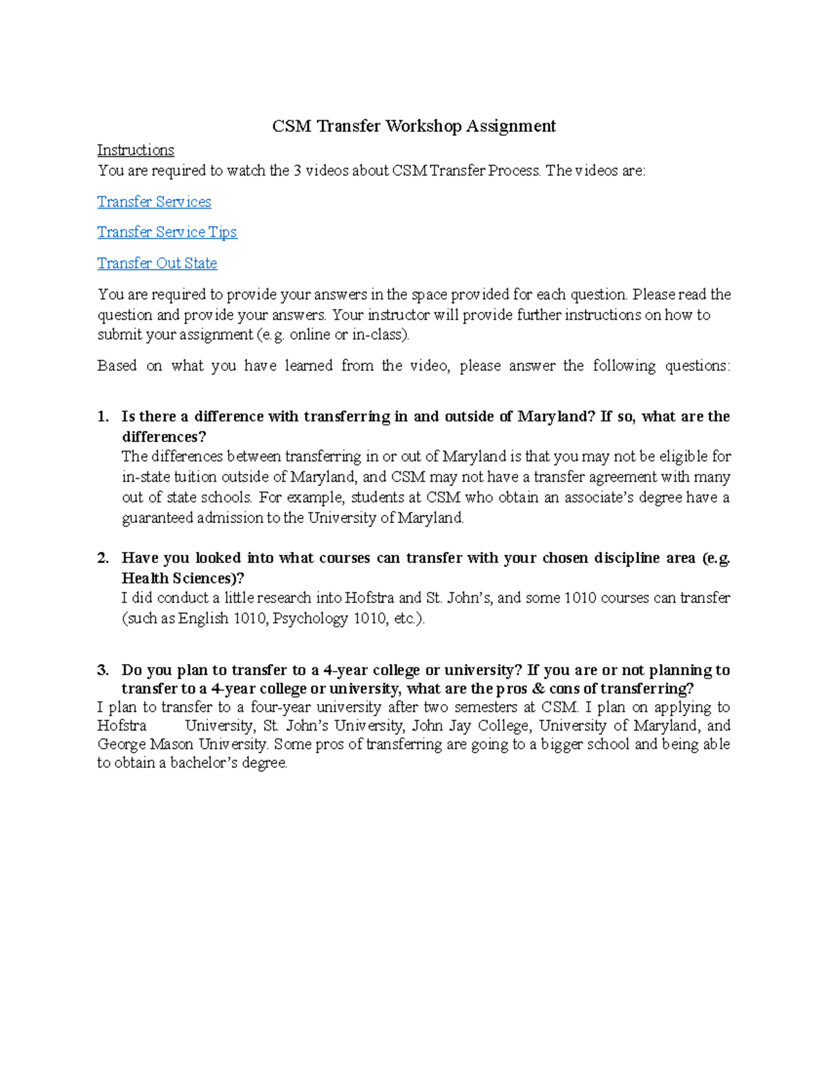 FYS Transfer Assignment - CSM Transfer Workshop Assignment Instructions ...