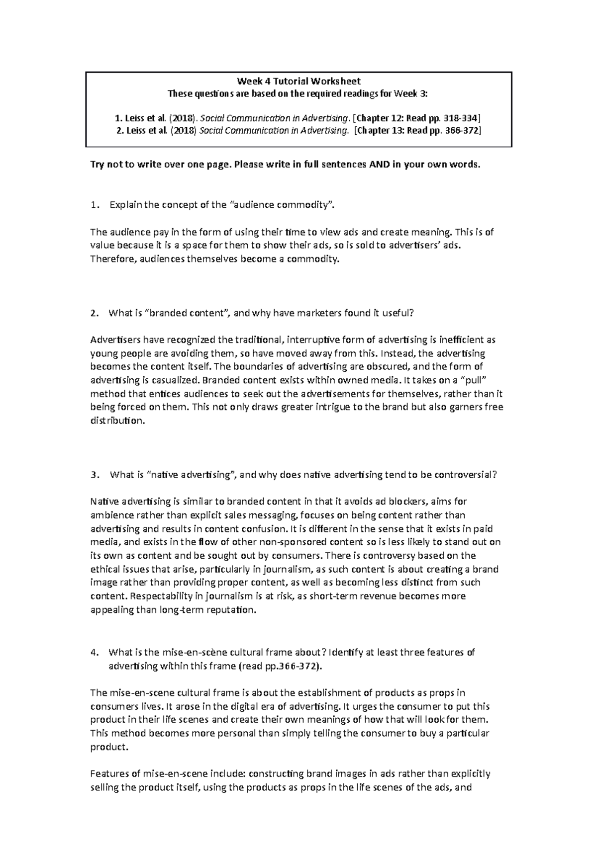 Comms 104 G Worksheet for Week 4 Tutorial - Week 4 Tutorial Worksheet These questions are based ...