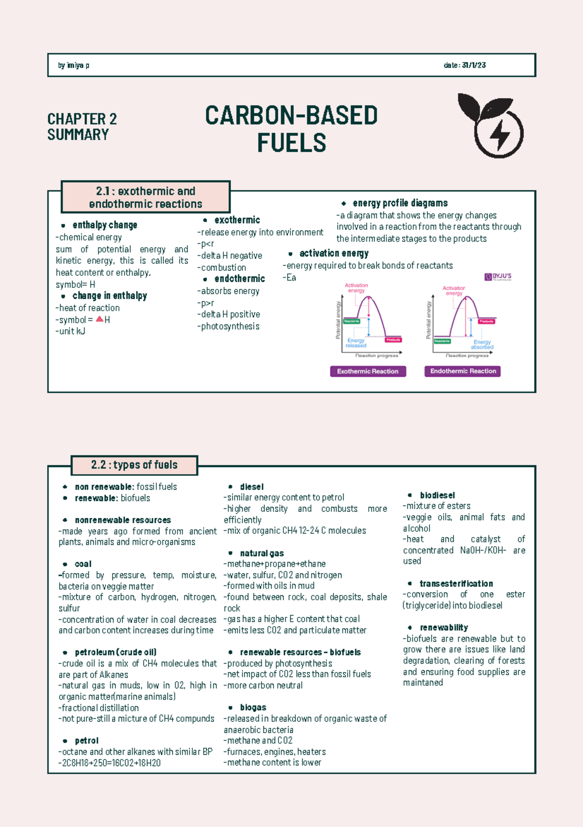 Chem chapter 2 summary - fuels - 2 : types of fuels 2 : exothermic and endothermic reactions by ...