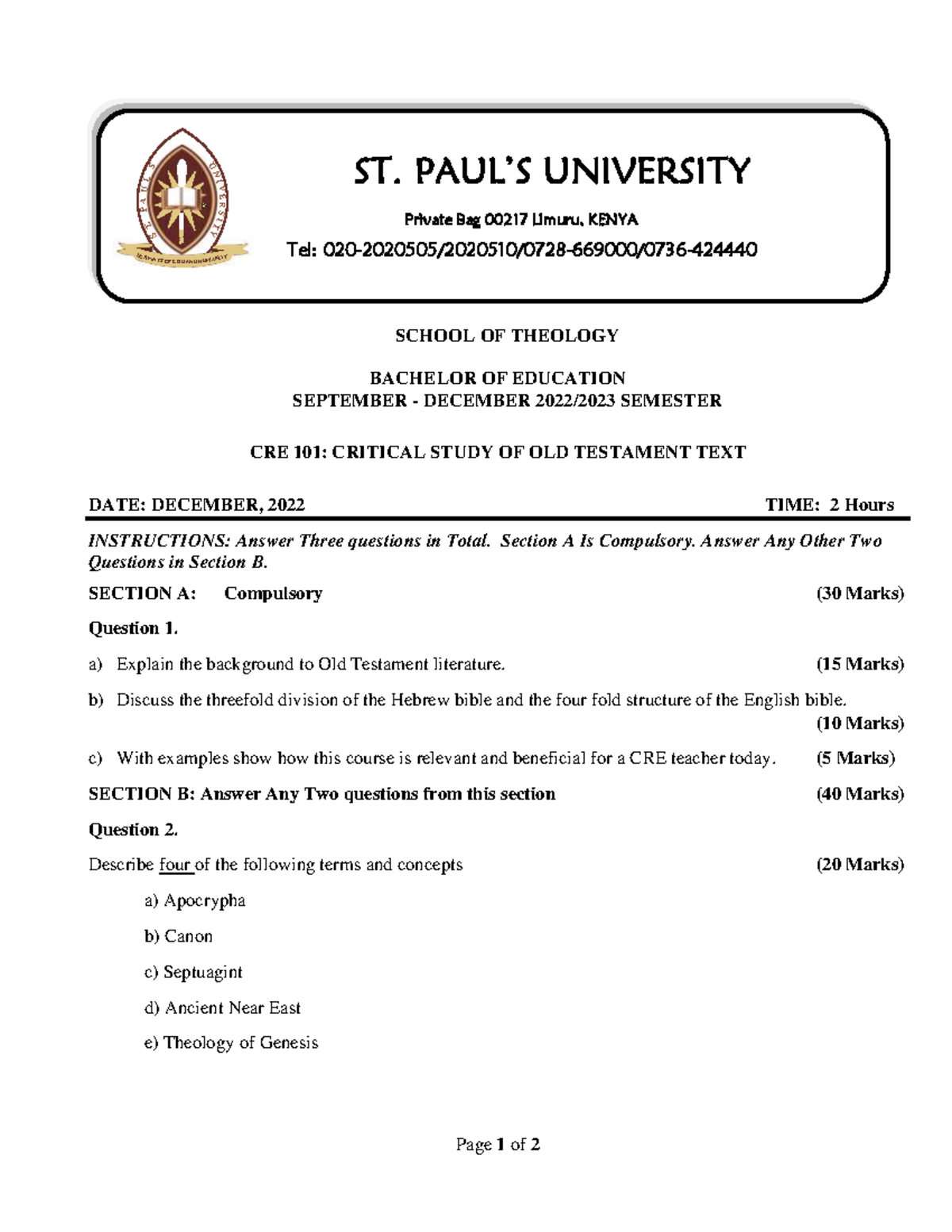 CRE 101 - Cre subject - Page 1 of 2 SCHOOL OF THEOLOGY BACHELOR OF ...
