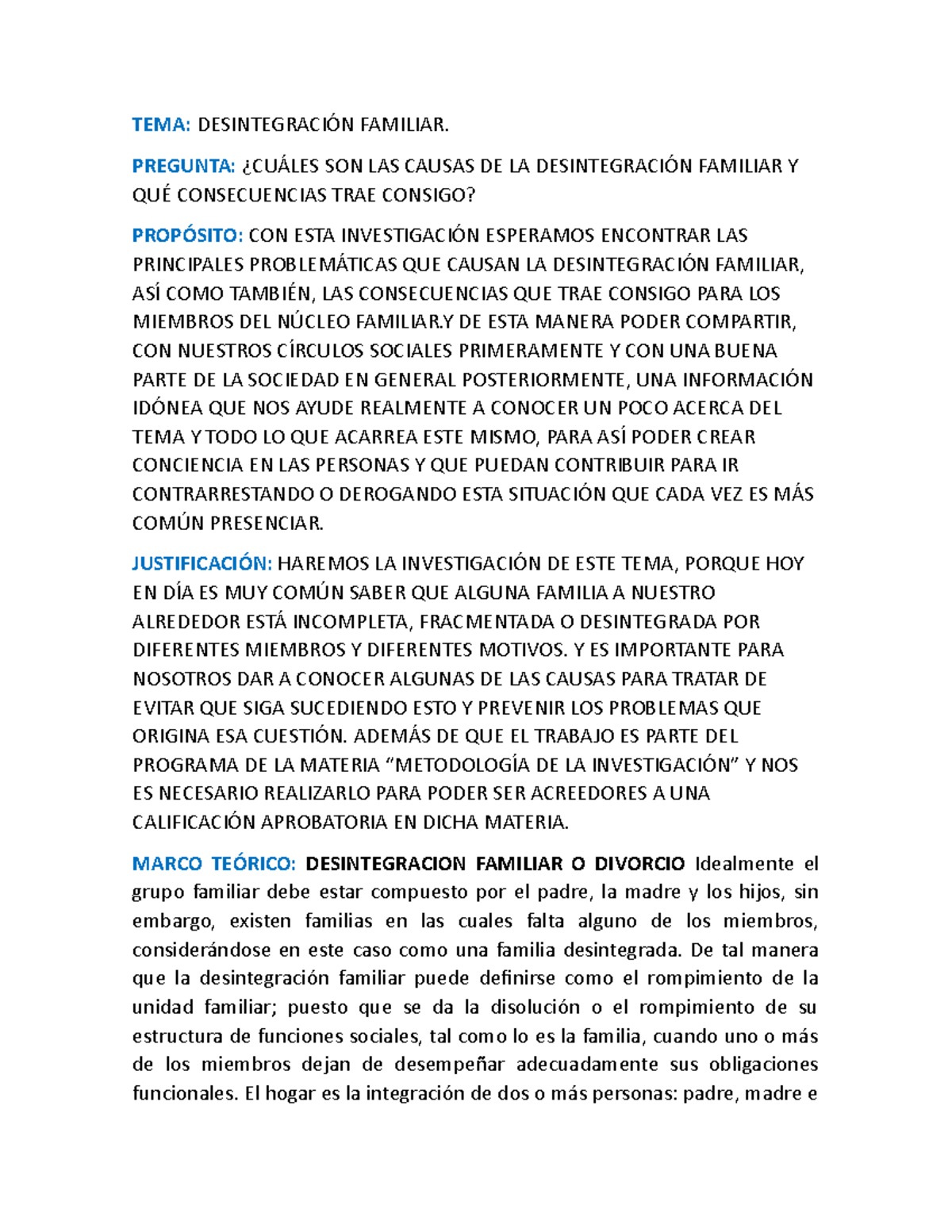 Metod. Avance - Tarea - TEMA: DESINTEGRACIÓN FAMILIAR. PREGUNTA ...