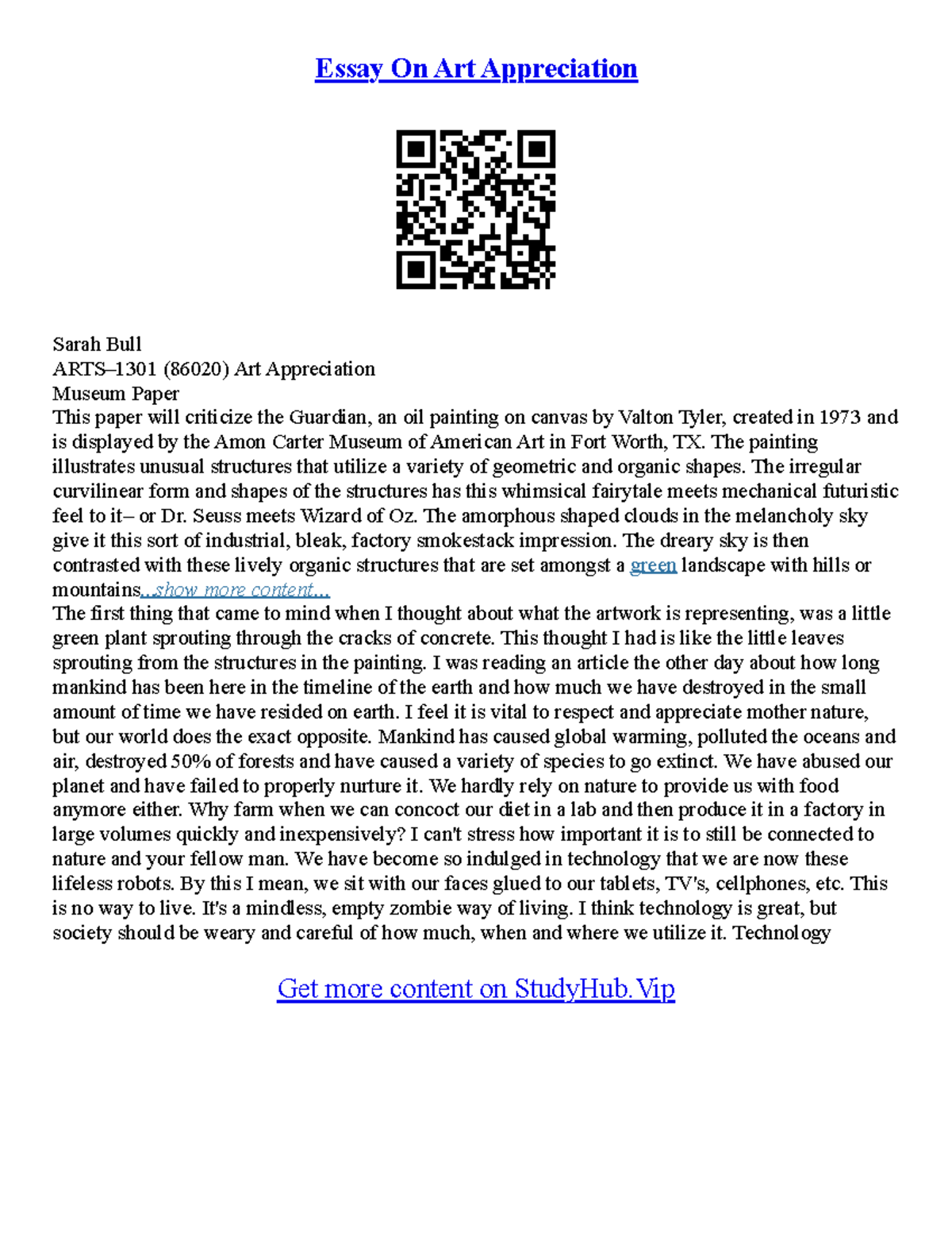 Essay On Art Essay On Art - Essay On Art Appreciation Sarah Bull ARTS ...