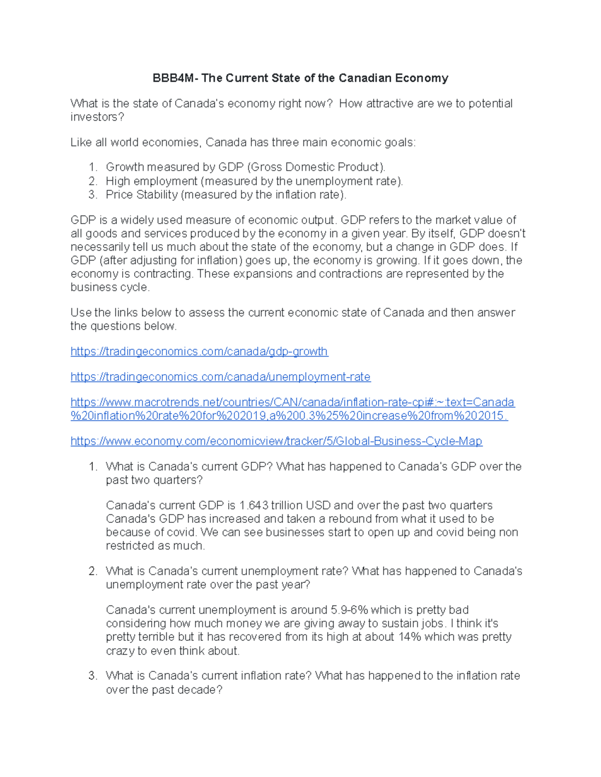 Case Study What is the state of Canada’s economy right now - Alessandro ...