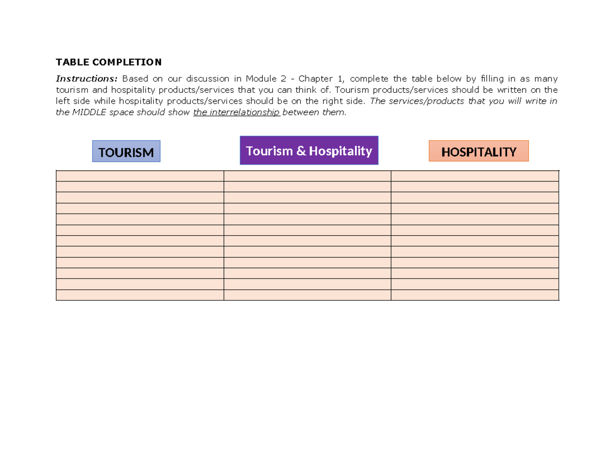 Lesson Exercise - Table Completion - TABLE COMPLETION Instructions ...